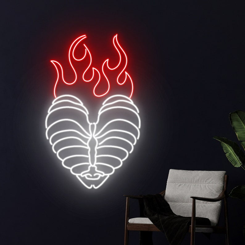 Handmadetneonsign Fire Skeleton Body Heart Neon Sign, Burning Skeleton ...