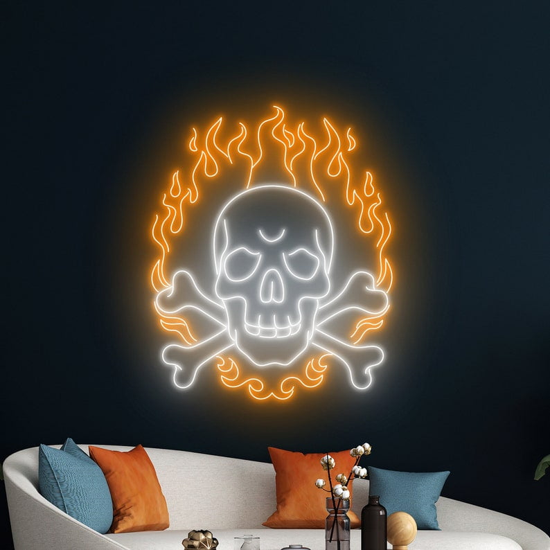 Handmadetneonsign Fire Skull Neon Sign, Fire Skeleton Wall Art Decor ...