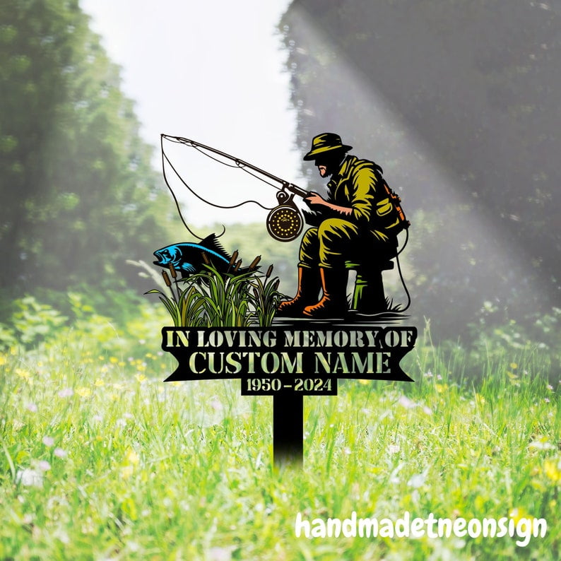 Handmadetneonsign Fisherman Memorial Stake, Bass Fishing Garden Metal ...