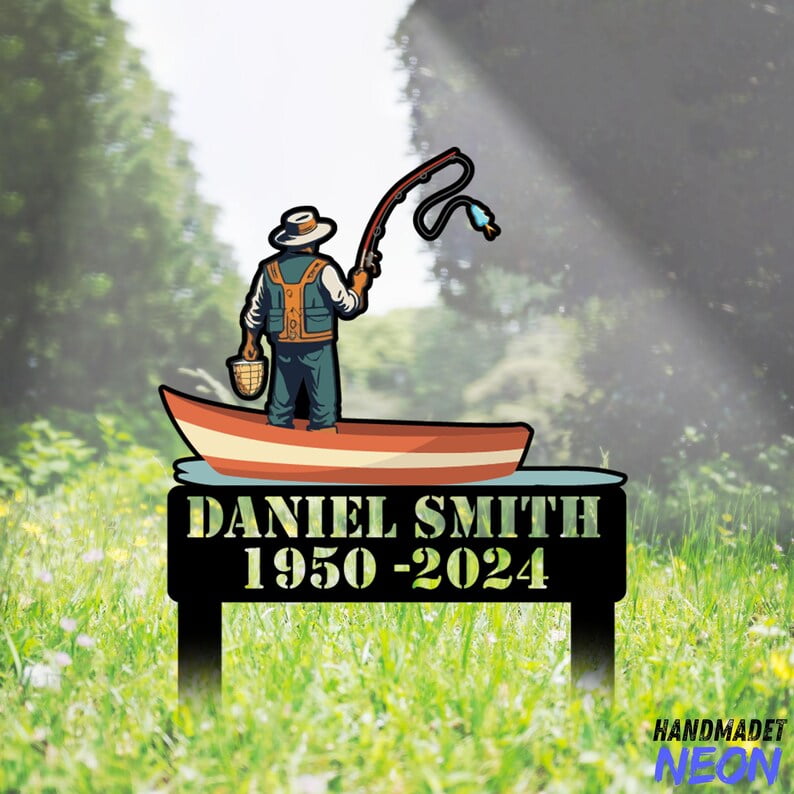 Handmadetneonsign Fishing Memorial Stake, Fisherman Metal Stake, Fisher ...