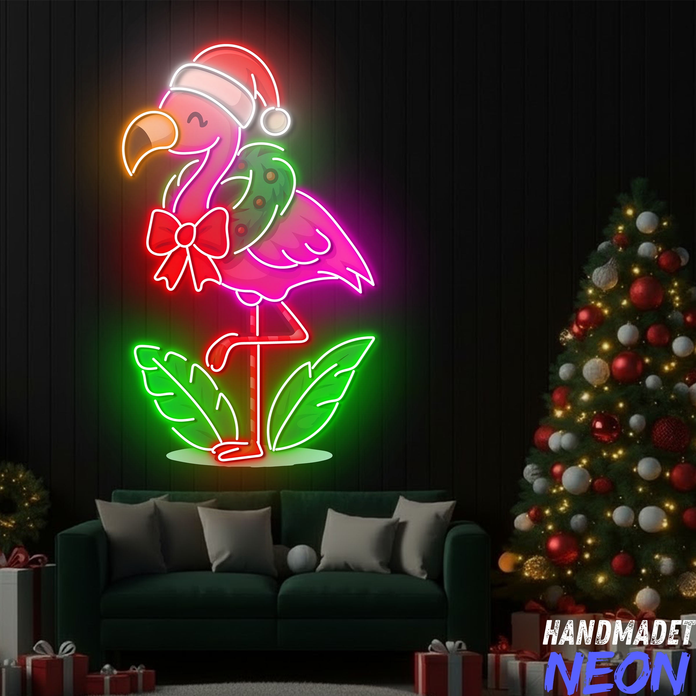 Handmadetneonsign Flamingo with Wreath Neon Sign, Tropical Christmas ...