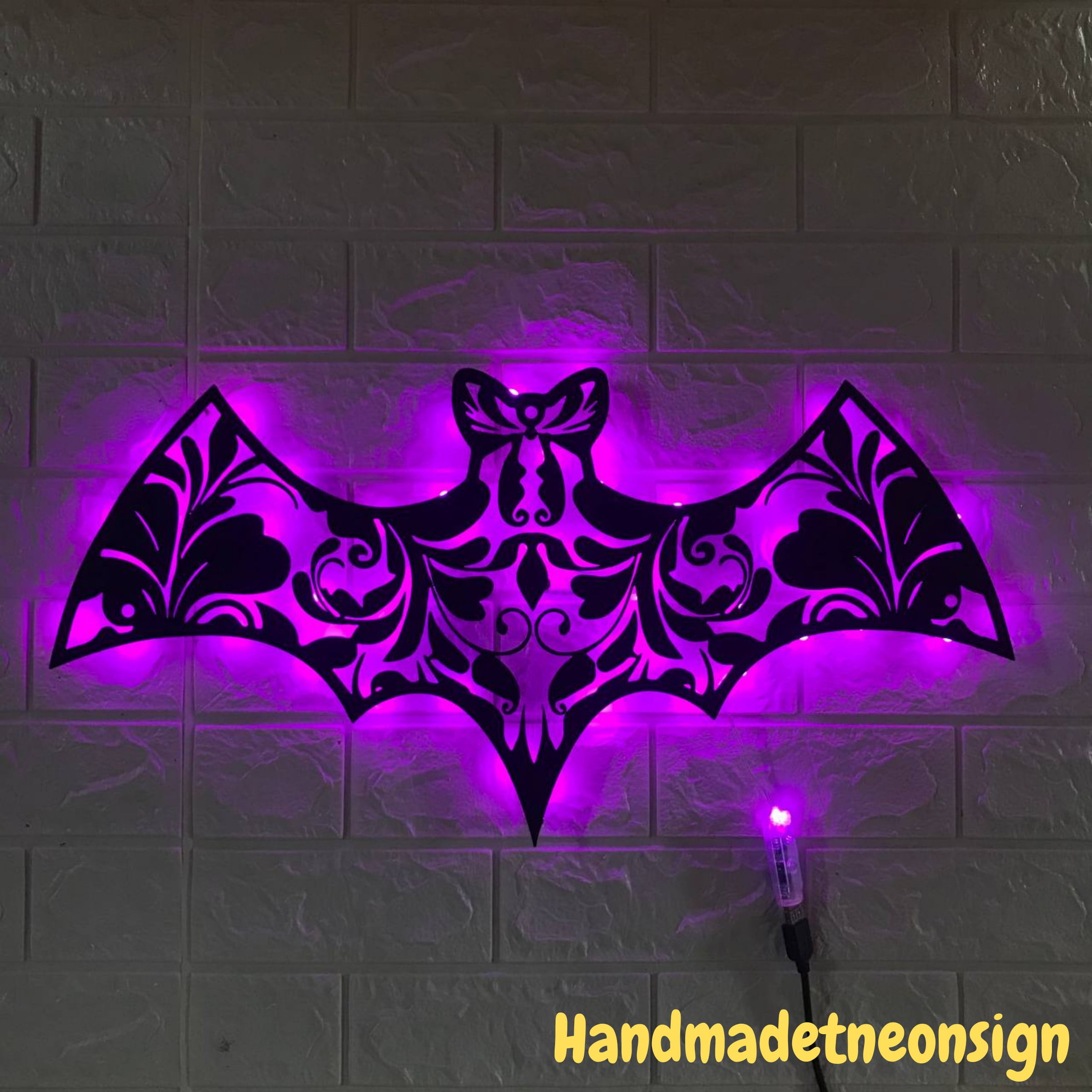Handmadetneonsign Floral Bat Metal Wall Art with LED Light - Halloween ...