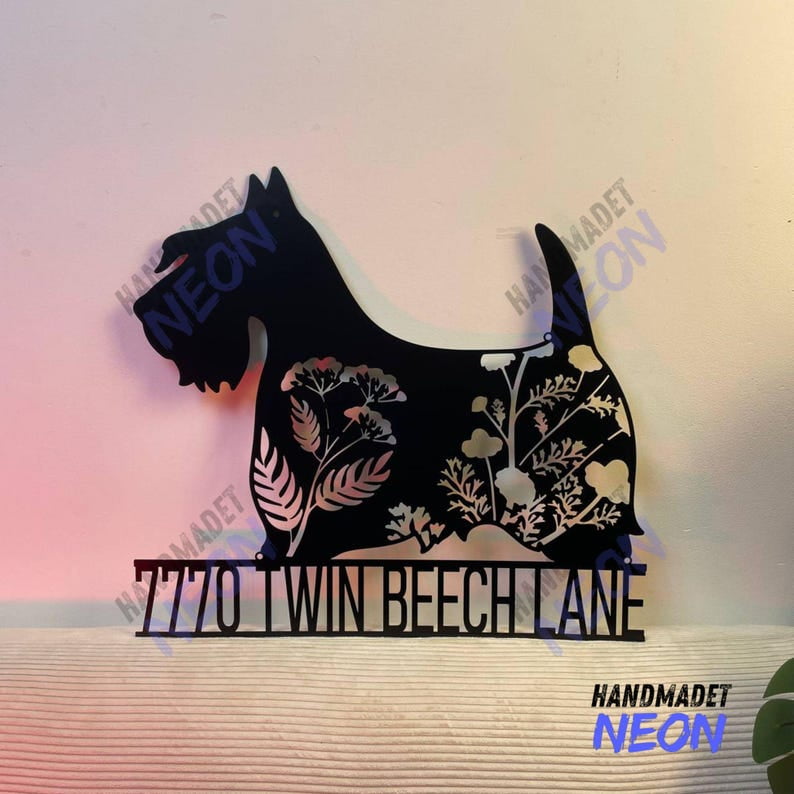 Handmadetneonsign Floral Scottish Terrier Dog House Number, Dog Home ...