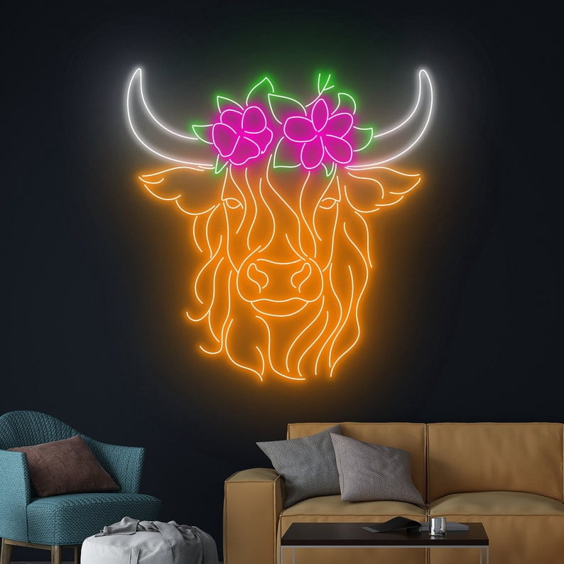 Handmadetneonsign Flower Highland Cow Neon Sign, Cow Head Wall Art ...