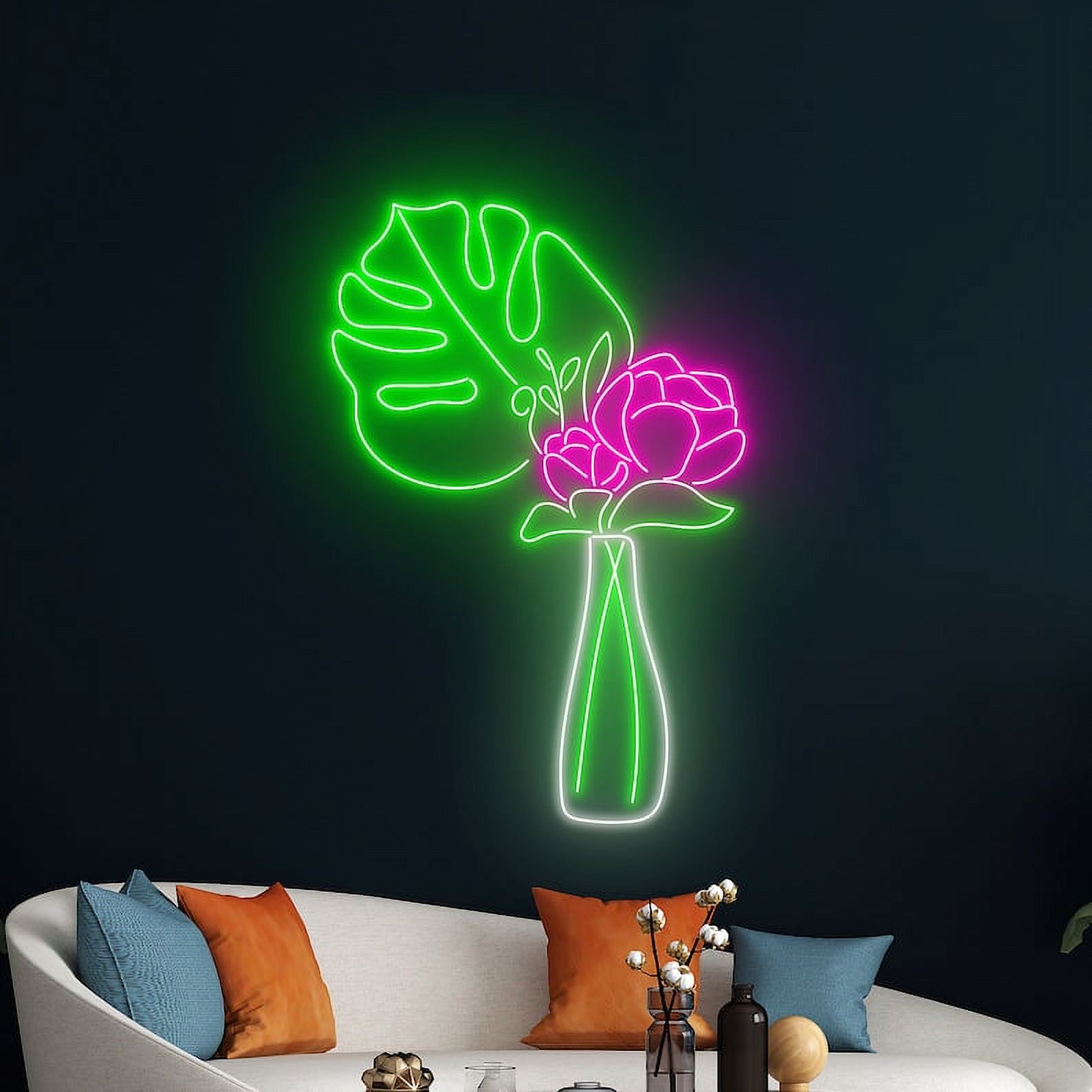 Handmadetneonsign Flower Vase Neon Light, Monstera Tropical Leaf Led ...