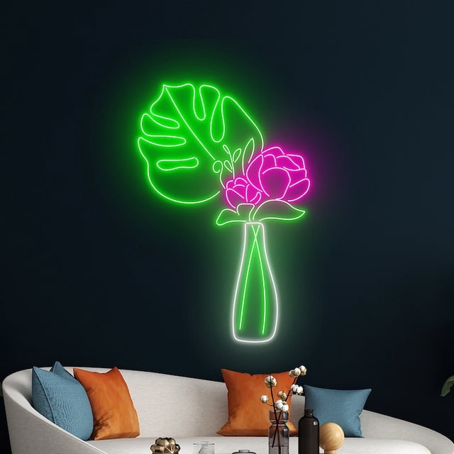 Handmadetneonsign Flower Vase Neon Light, Monstera Tropical Leaf Led ...