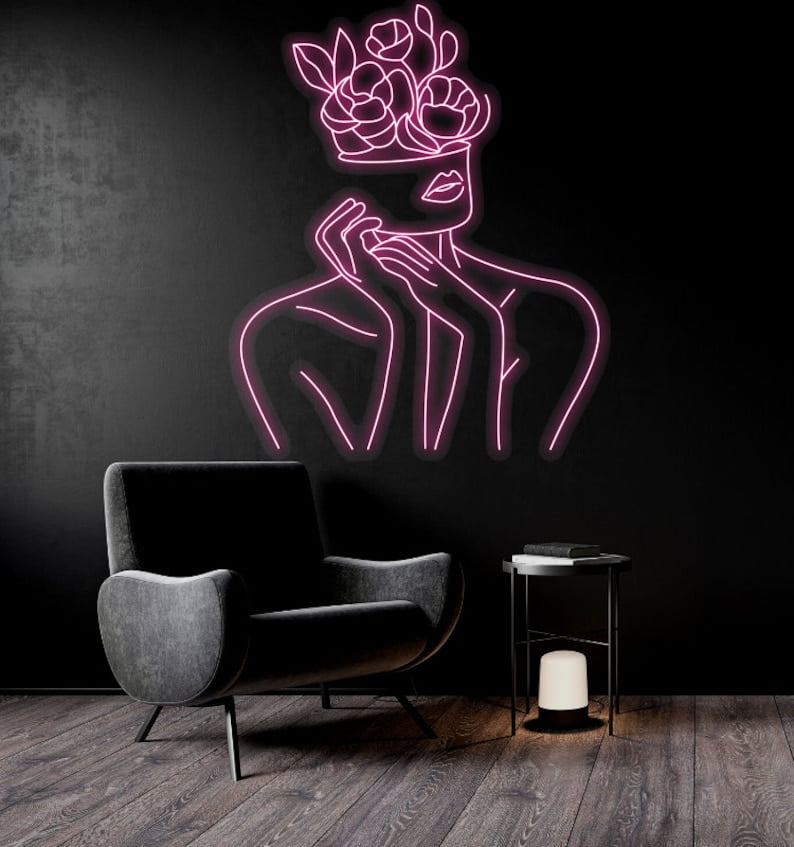 Handmadetneonsign Flower head Neon Signs, Girl With Leaf Led Signs ...