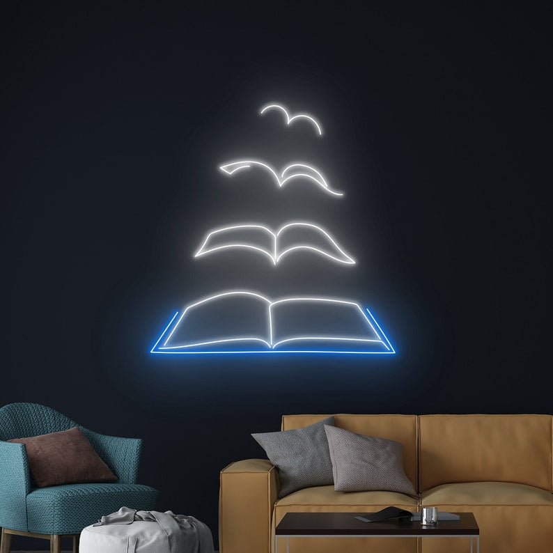 Handmadetneonsign Flying Book Neon Sign, Reading Book Wall Art Decor ...