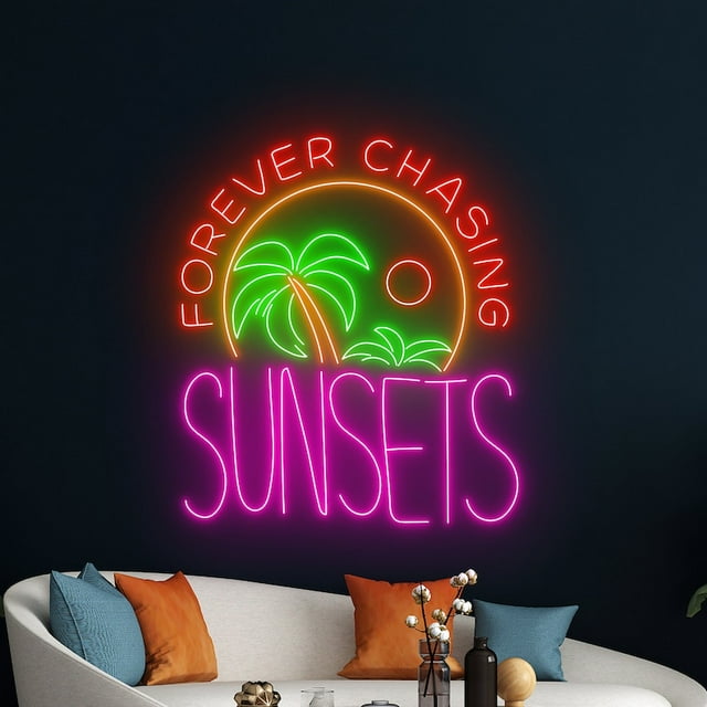Handmadetneonsign Forever Chasing Sunsets Palm Tree Wall Art, Sunset ...