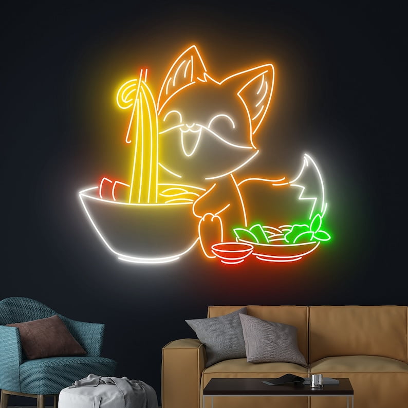 Handmadetneonsign Fox Eating Ramen Neon Light, Fox Eats Japanese Noodle ...