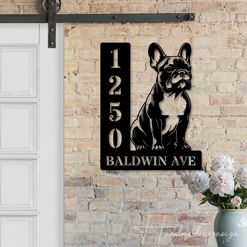Handmadetneonsign French Bulldog House Number Metal Wall Art LED Light ...