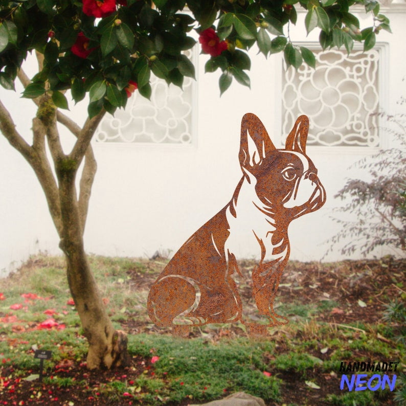 Handmadetneonsign French Bulldog Rusty Metal Stake, Dog Garden Stake ...