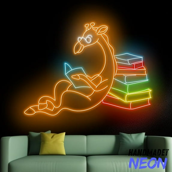 Handmadetneonsign Giraffe Reading Book Neon Sign, Giraffe Neon Light ...