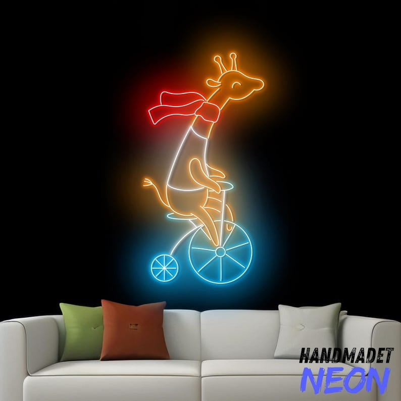 Handmadetneonsign Giraffe Riding Bicycle Neon Sign, Giraffe Biker Wall ...