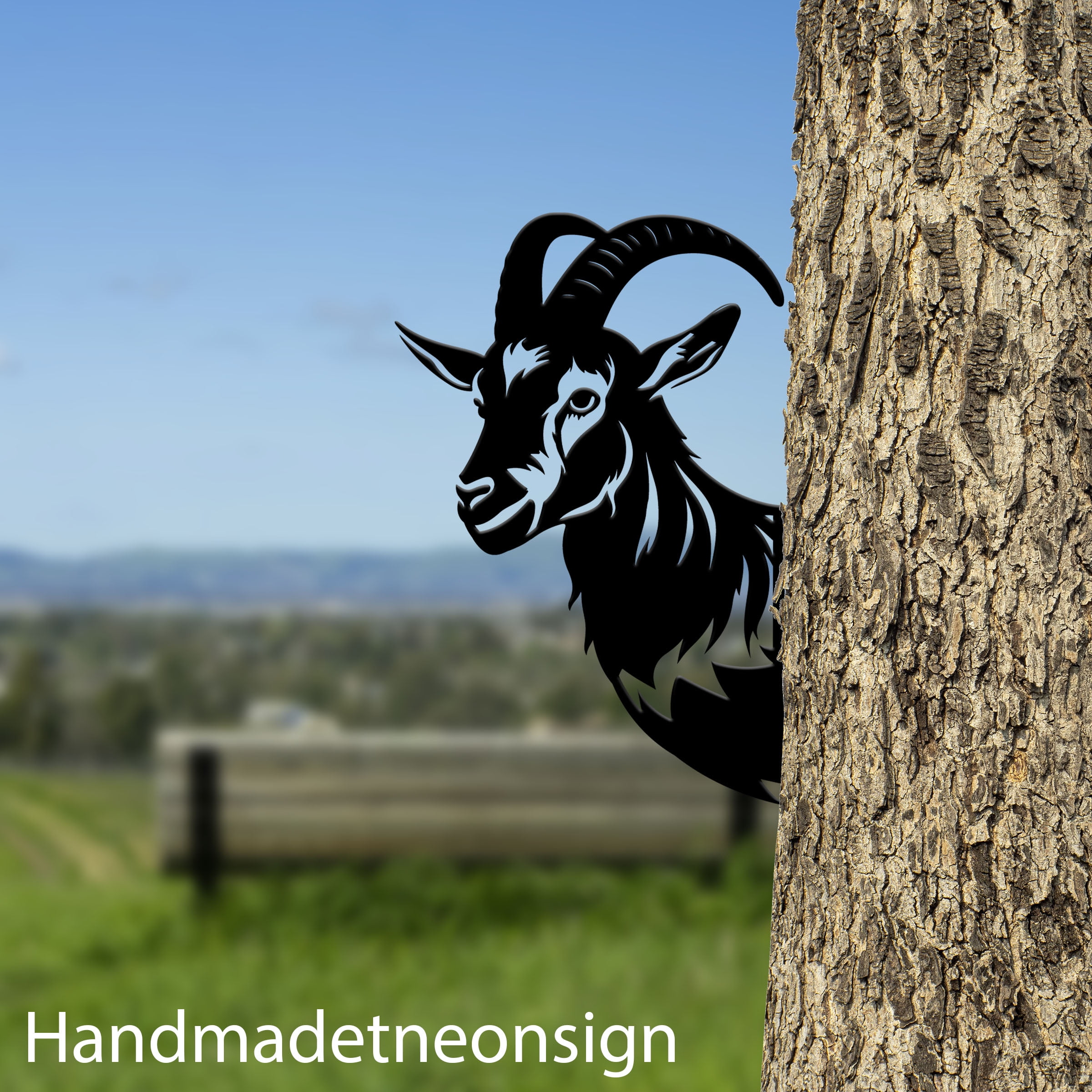 Handmadetneonsign Goat On Branch Metal Tree Stake, Peeking Animal ...