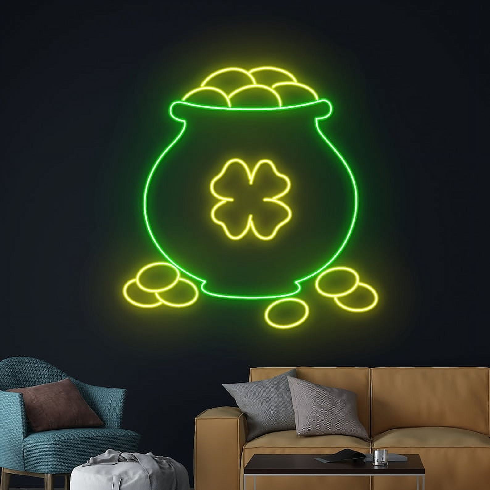 Handmadetneonsign Gold Cauldron Neon Sign, 4 Leaf Clover Neon Light ...