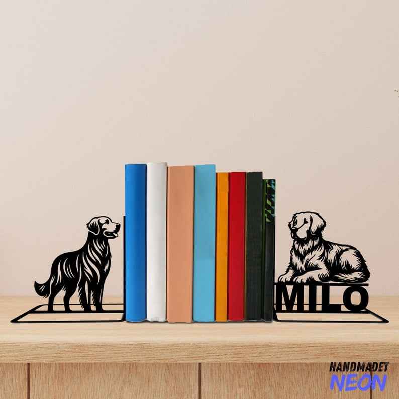 Handmadetneonsign Golden Retriever Dog Metal Bookends, Dog Name Bookend ...