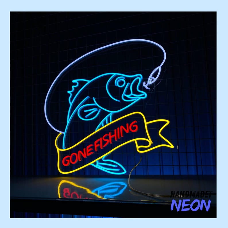 Handmadetneonsign Gone Fishing Neon Sign, Fish Led Sign, Fishing Rod ...