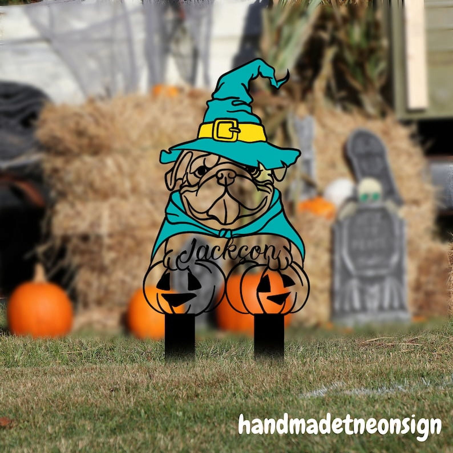 Handmadetneonsign Halloween Bulldog Stake Sign, Witch Garden Metal ...