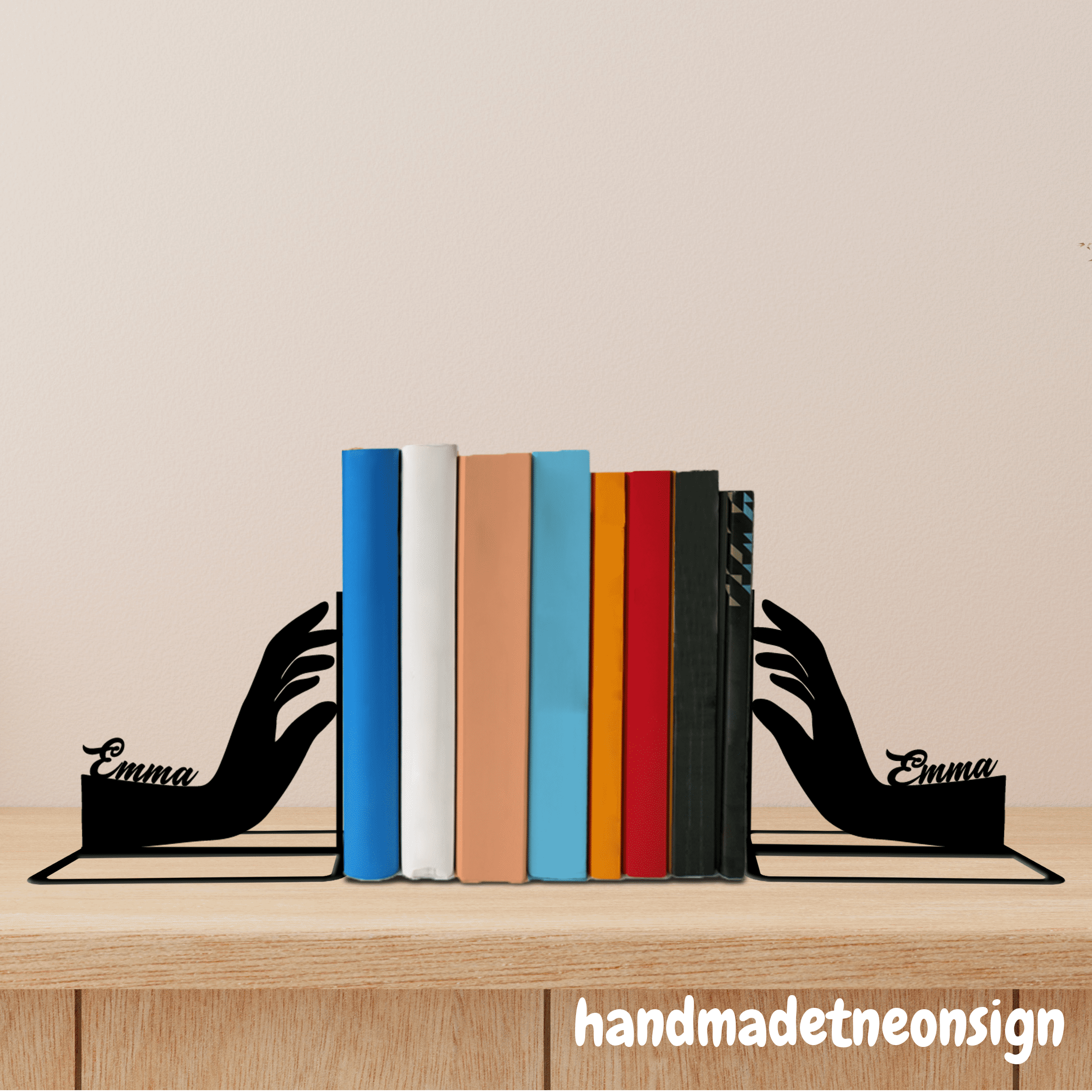 Handmadetneonsign Hands Metal Bookends Hand Name Bookend, Hand Table ...