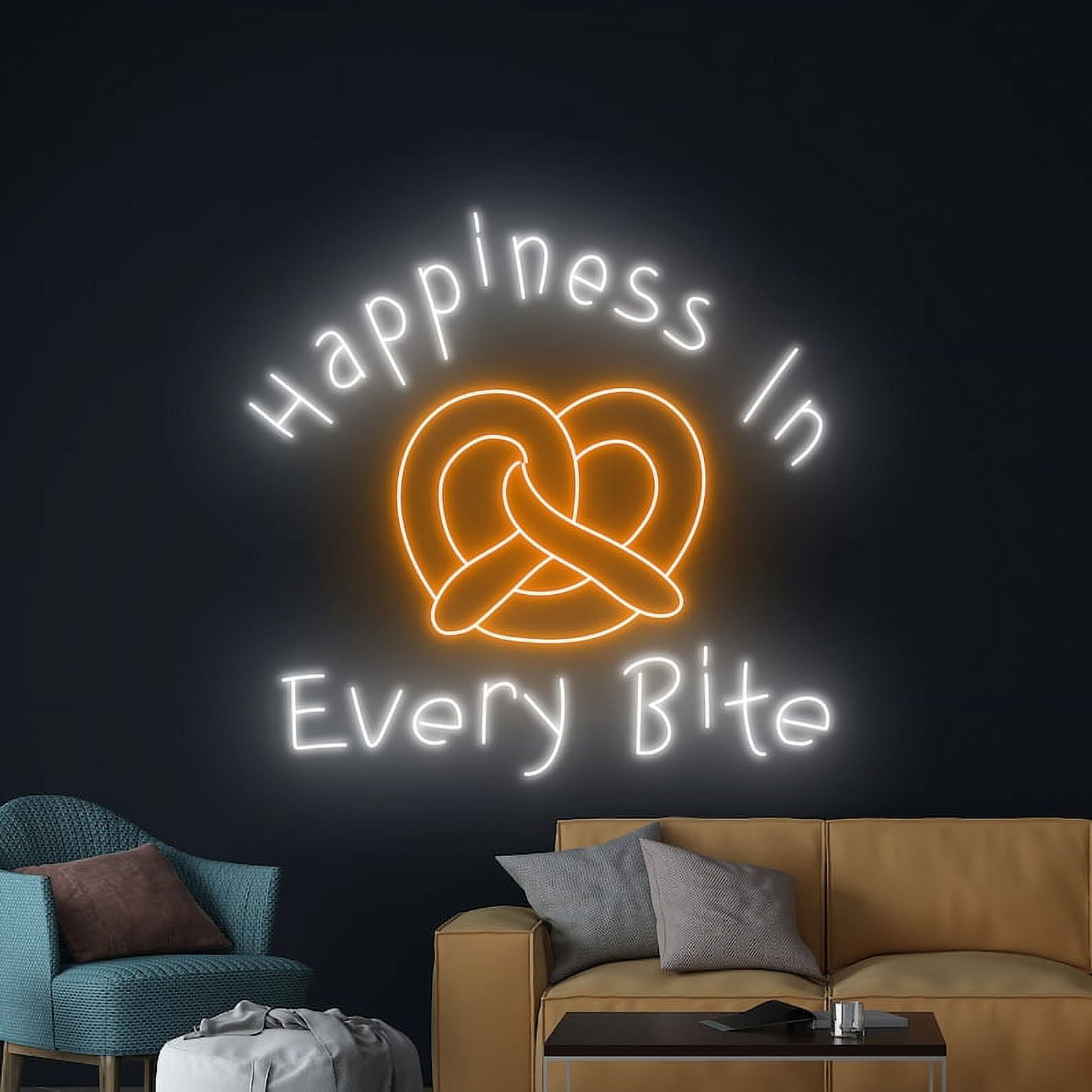 Handmadetneonsign Happiness In Every Bite Neon Sign, Pretzel Wall Art ...