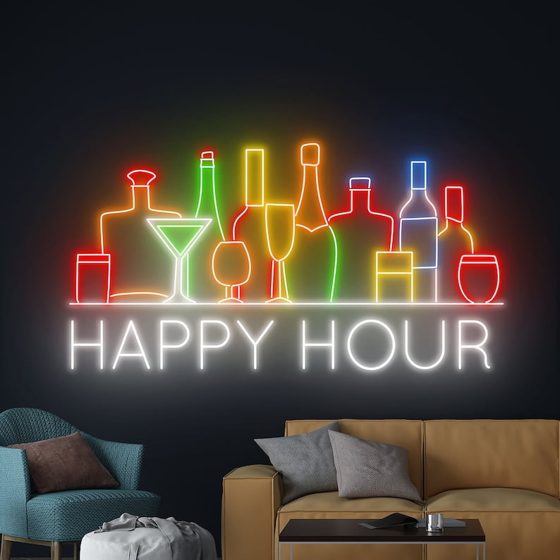 Handmadetneonsign Happy Hour Neon Sign, Cocktail Wine Wall Art Decor ...
