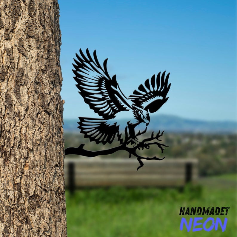 Handmadetneonsign Hawk On Branch Metal Tree Stake, Hawk Bird Garden ...