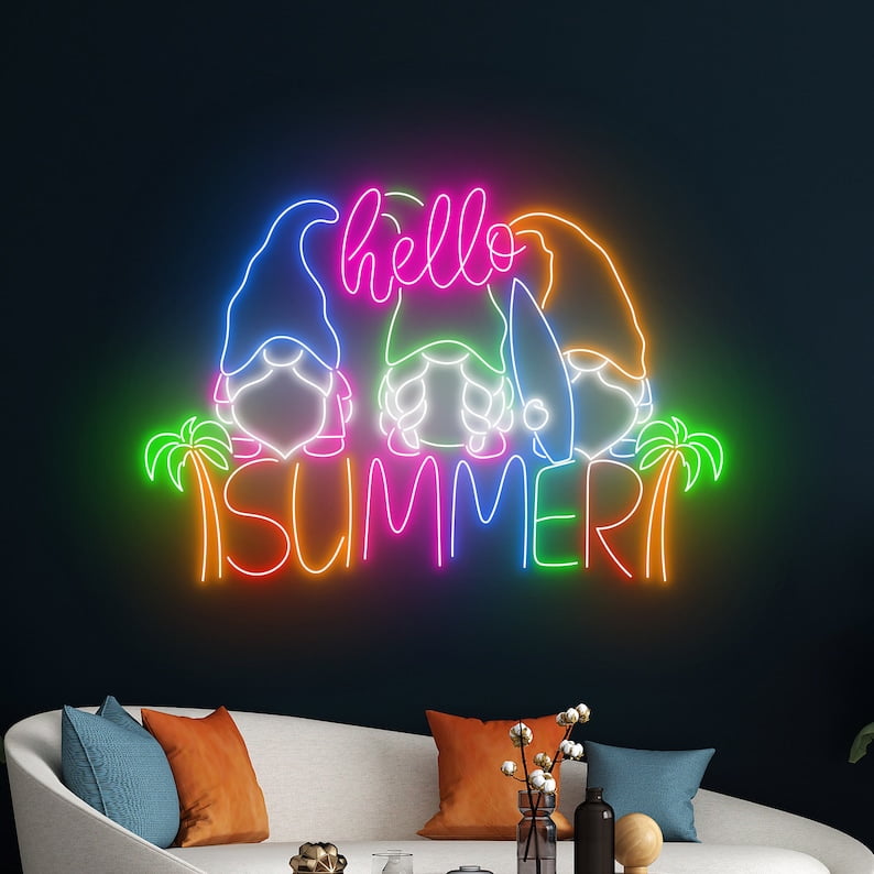 Handmadetneonsign Hello Summer Neon Sign, Gnomes Summer Led Sign, Hello ...