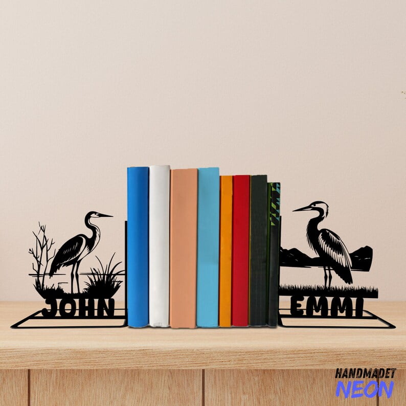 Handmadetneonsign Heron Metal Bookends, Heron Name Bookend, Heron ...