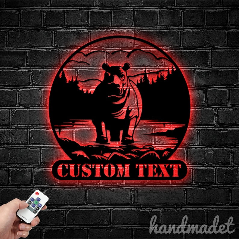 Handmadetneonsign Hippo Metal Wall Art Light, Hippo Metal Sign Wall ...