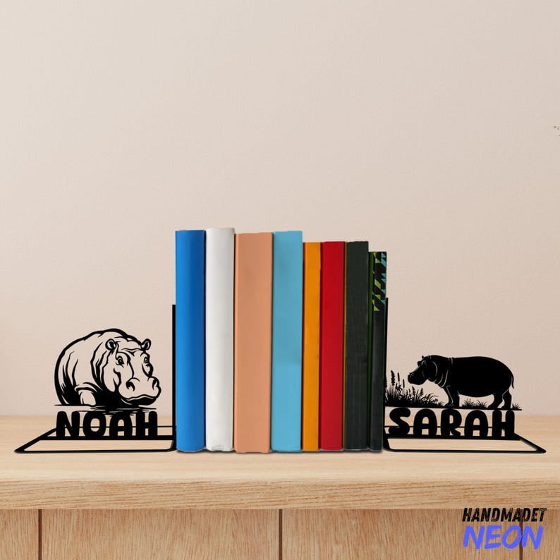 Handmadetneonsign Hippopotamus Metal Bookends, Hippo Name Bookend ...