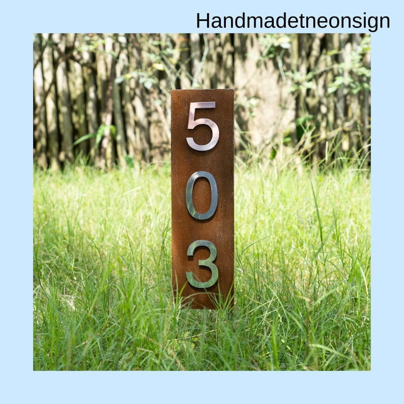 Handmadetneonsign House Number With Stakes, House Number Rusty Effect ...