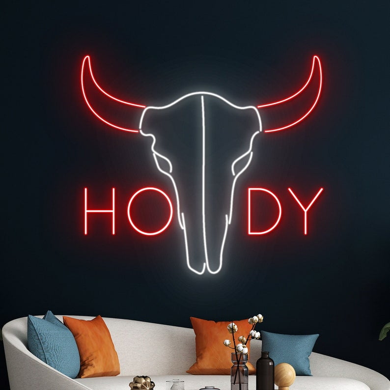 Handmadetneonsign Howdy Bull Skull Neon Sign, Bull Horn Wall Art Decor ...