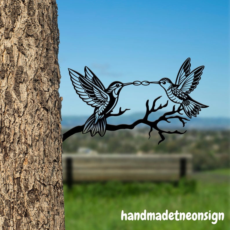 Handmadetneonsign Hummingbird On Branch Metal Tree Stake, Bird Garden ...
