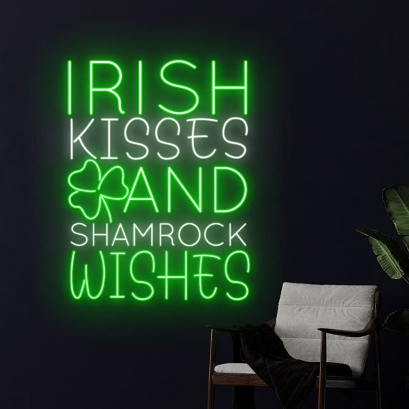Handmadetneonsign Irish Kisses And Shamrock Wishes Neon Sign, Shamrock ...