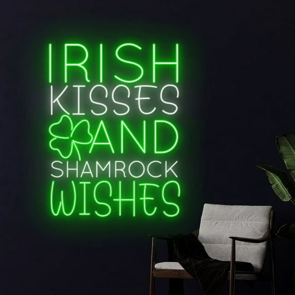 Handmadetneonsign Irish Kisses And Shamrock Wishes Neon Sign, Shamrock ...