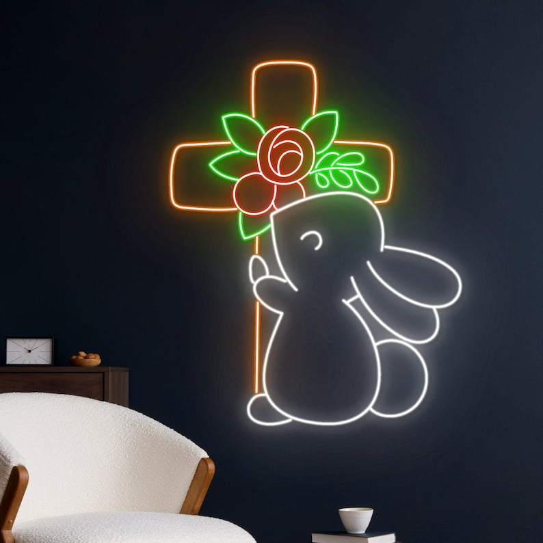 Handmadetneonsign Jesus Cross Rabbit Neon Sign, Rabbit Jesus Cross Led ...