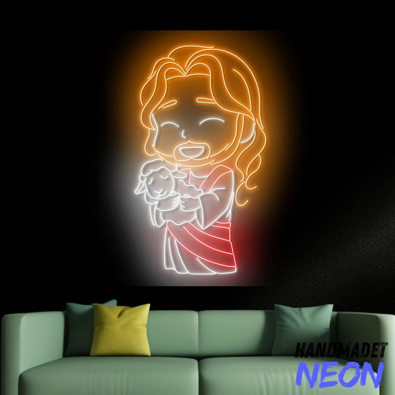 Handmadetneonsign Jesus With Sheep Neon Sign, Jesus Led Sign, Jesus ...