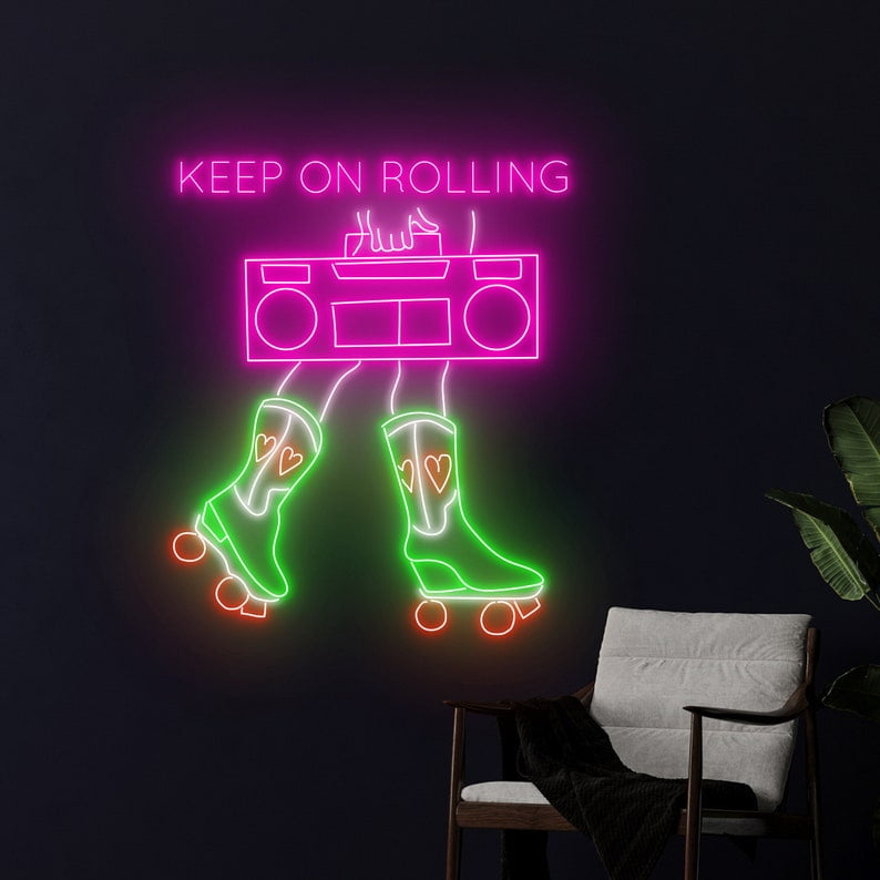 Handmadetneonsign Keep On Rolling Neon Sign, Tape Recorder Wall Art ...