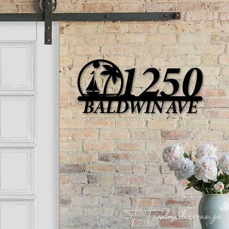 Handmadetneonsign Lake Palm Tree House Number Metal Wall Art LED Light ...