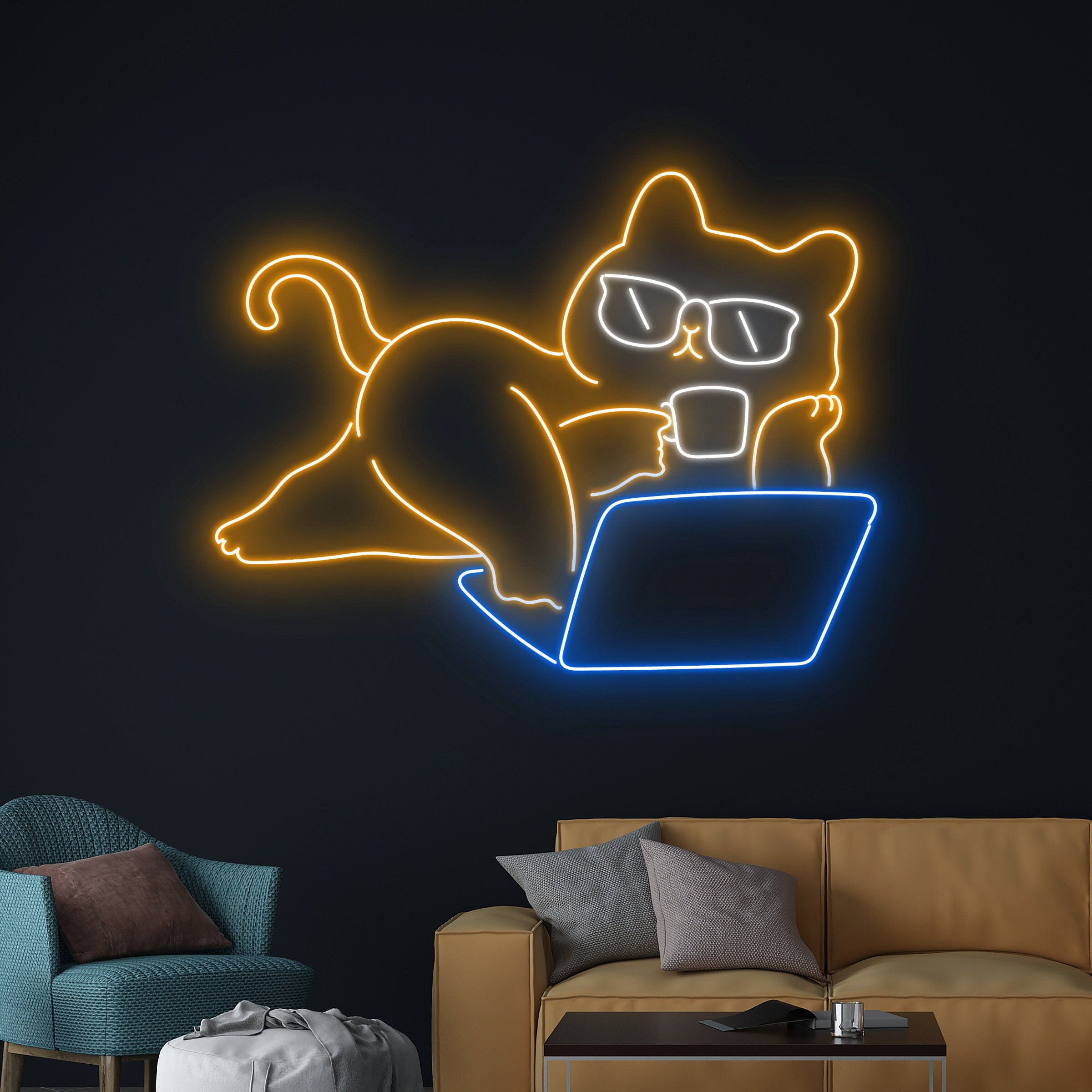 Handmadetneonsign Lazy Cat Led Sign, Cat Led Light, Glasses Cat Neon ...
