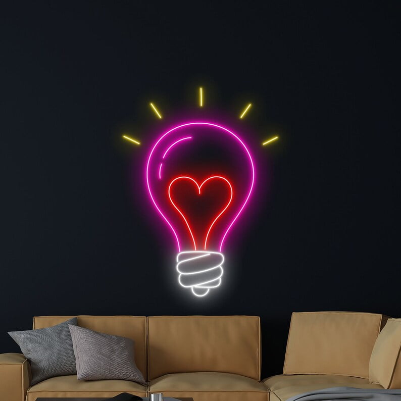 Handmadetneonsign Light Bulb Heart Neon Sign, Light Bulb Wall Art Decor ...