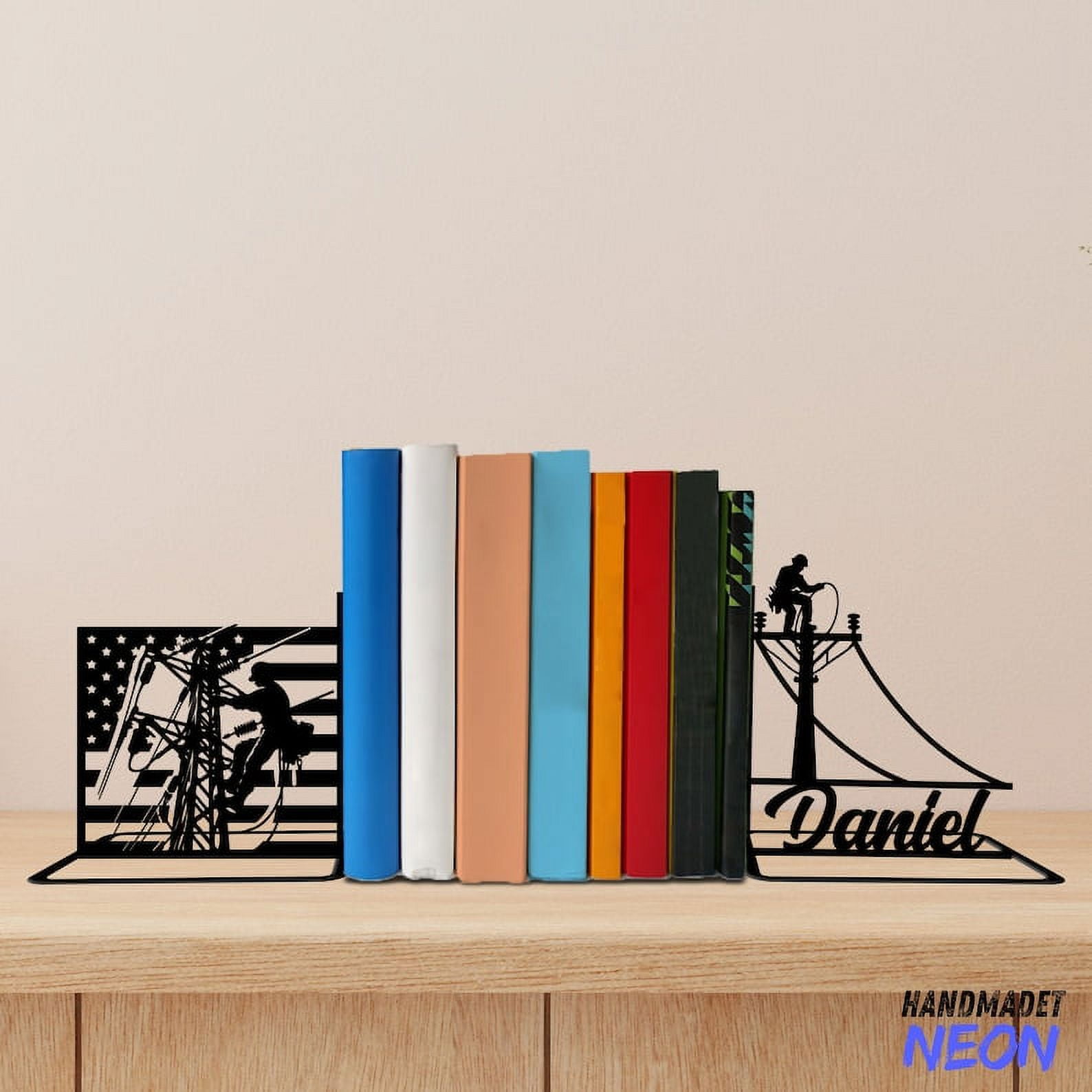 Handmadetneonsign Lineman Metal Bookends, Electrician Name Bookend, US ...