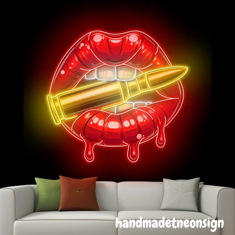 Handmadetneonsign Lips With A Bullet Acrylic Neon Sign, Lips Dripping ...