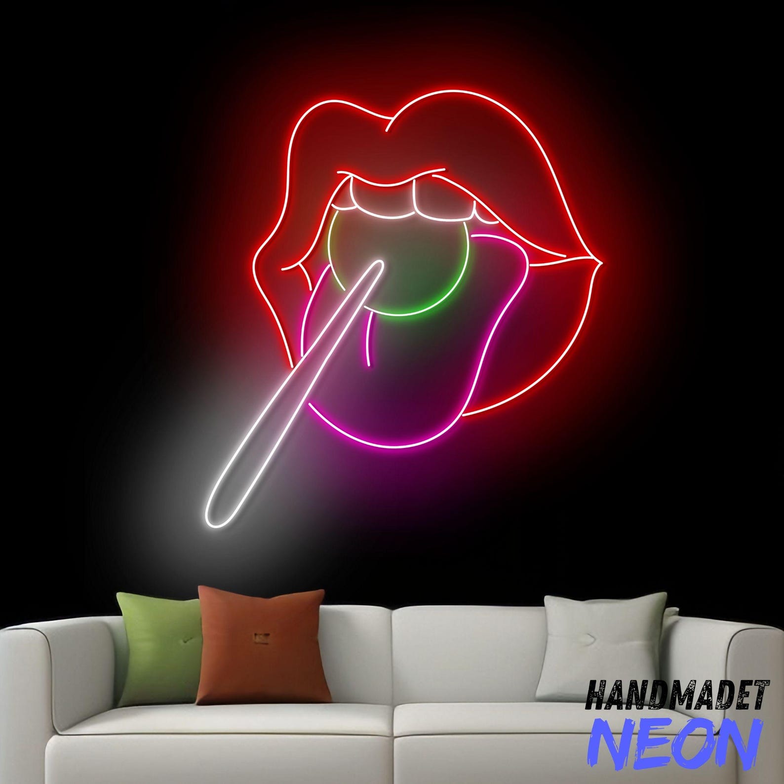 Handmadetneonsign Lips With Lollipop Neon Sign Lips Candy Wall Art ...
