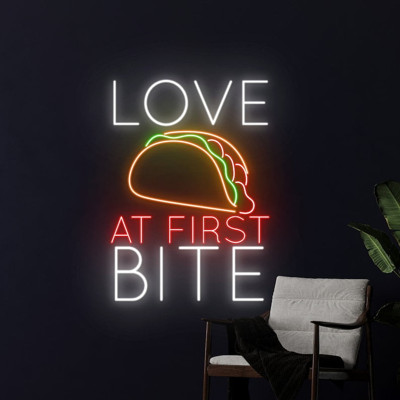 Handmadetneonsign Love At The First Bite Neon Sign, Tacos Open LED Sign ...