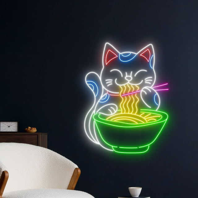 Handmadetneonsign Lucky Cat Eating Ramen Neon Sign, Japanese Ramen Neon ...