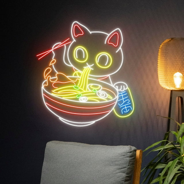 Handmadetneonsign Lucky Cat Eats Ramen Neon Sign, Eating Cat Ramen ...