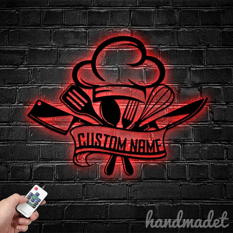 Handmadetneonsign Master Chef Metal Wall Art, Chef Hat Name Metal Wall ...