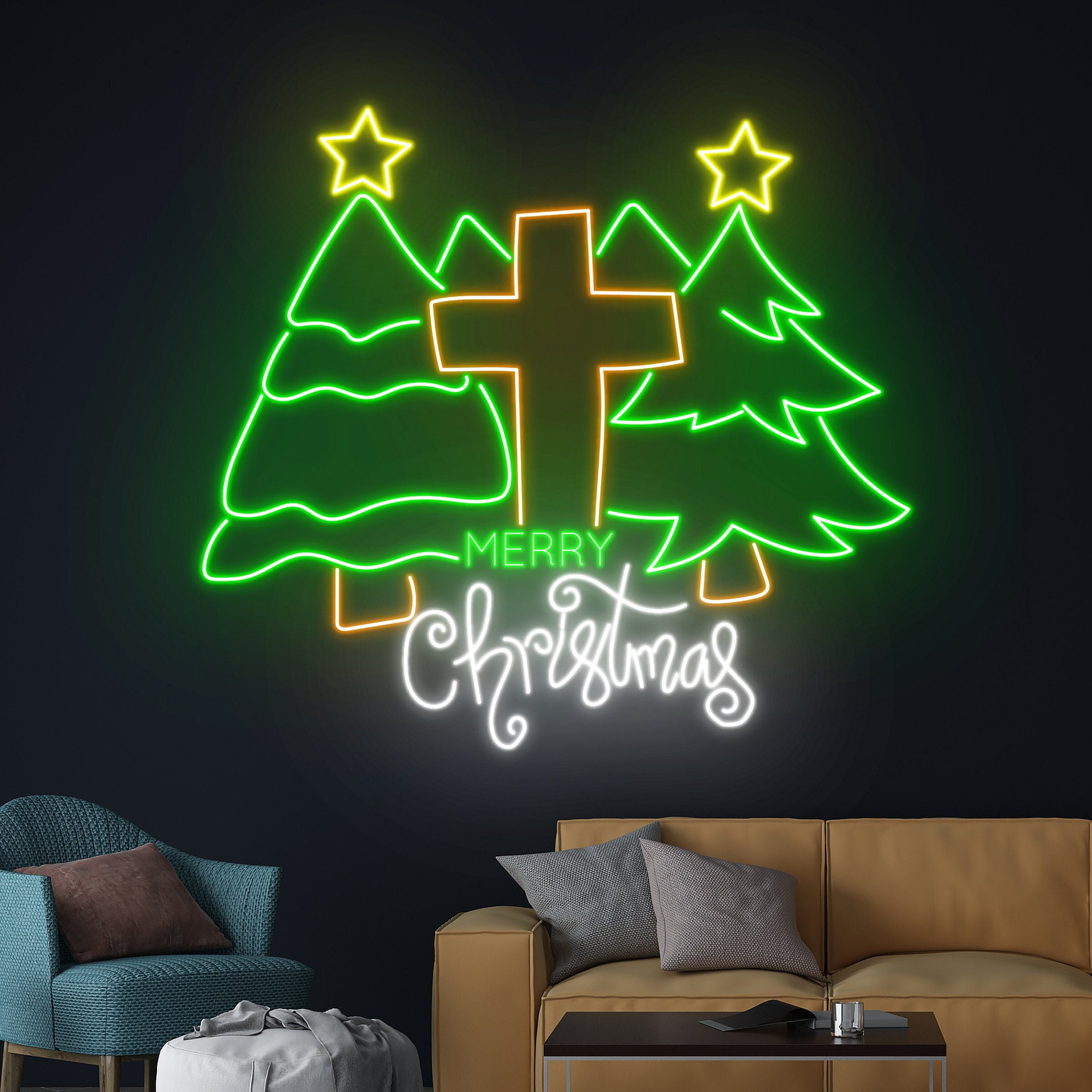 Handmadetneonsign Merry Christmas Tree Jesus Cross Neon Sign, Christmas ...